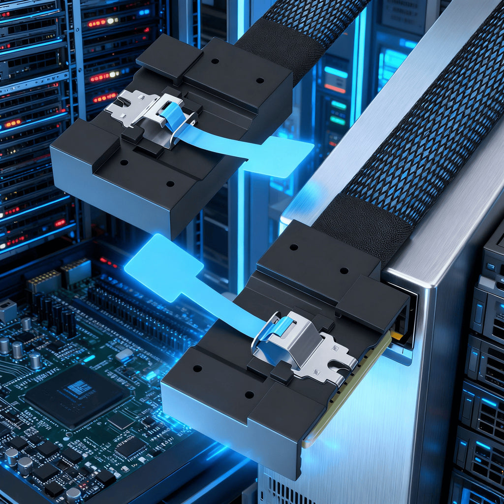 MCIO 8X PCIe Gen5 Left & Right Angle Cable for GPU & Server Storage