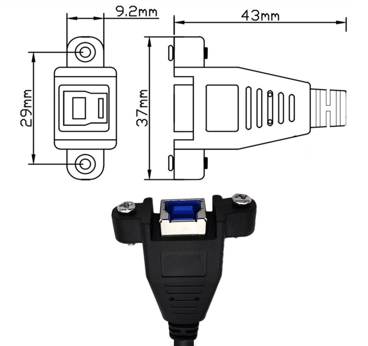 USB 3.0 A Male to Type B Female Panel Mount Extension Cable 0.5m